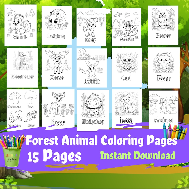 15 Forest Animals Coloring Pages, Woodland Animal Coloring Pages. - Etsy