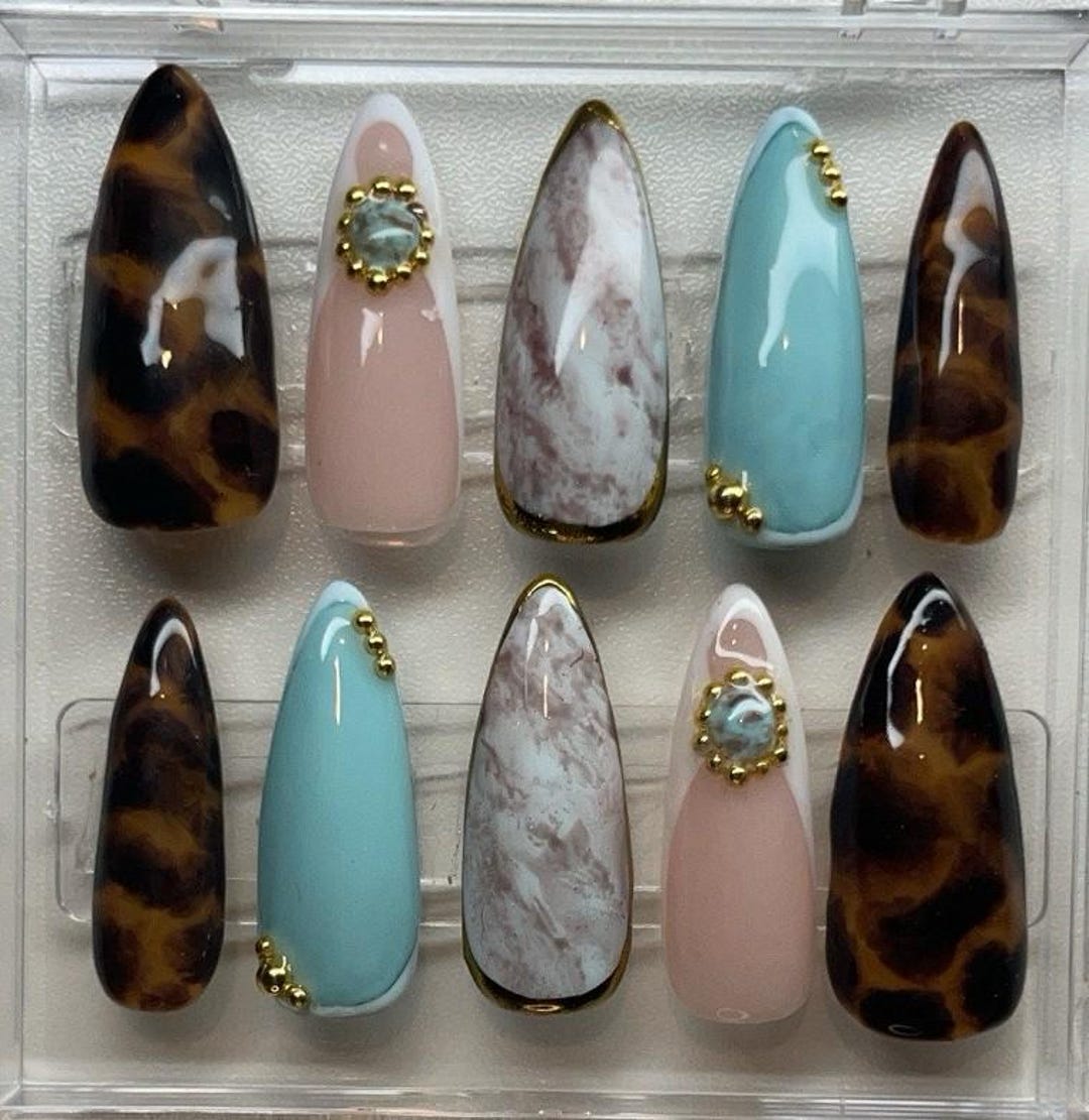 Blue Marble Press on Nails: Tortoise Shell Almond Set With Gold & Gems ...