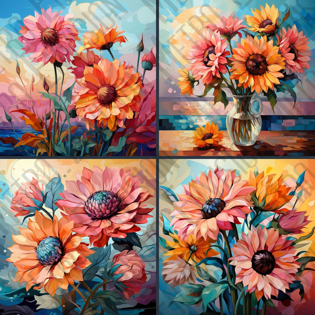 20 Fauvism Sunflowers Clipart | Pink, Sky Blue, Coral, Peach Colors ...