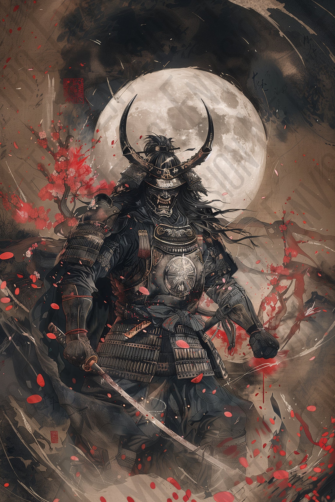 Fearsome Demonic Oni Samurai | Japanese Artstyle | Charcoal | Intricate ...