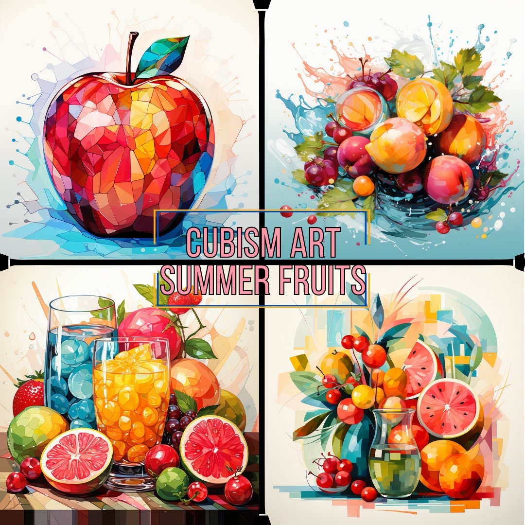 20 Vibrant Cubism Art Summer Fruits | Clipart | Turquoise, Pink, Coral ...