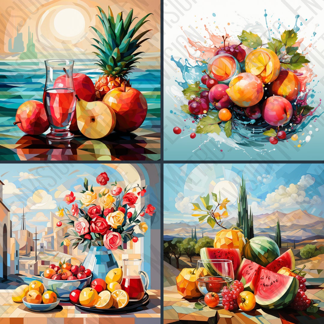 20 Vibrant Cubism Art Summer Fruits | Clipart | Turquoise, Pink, Coral ...