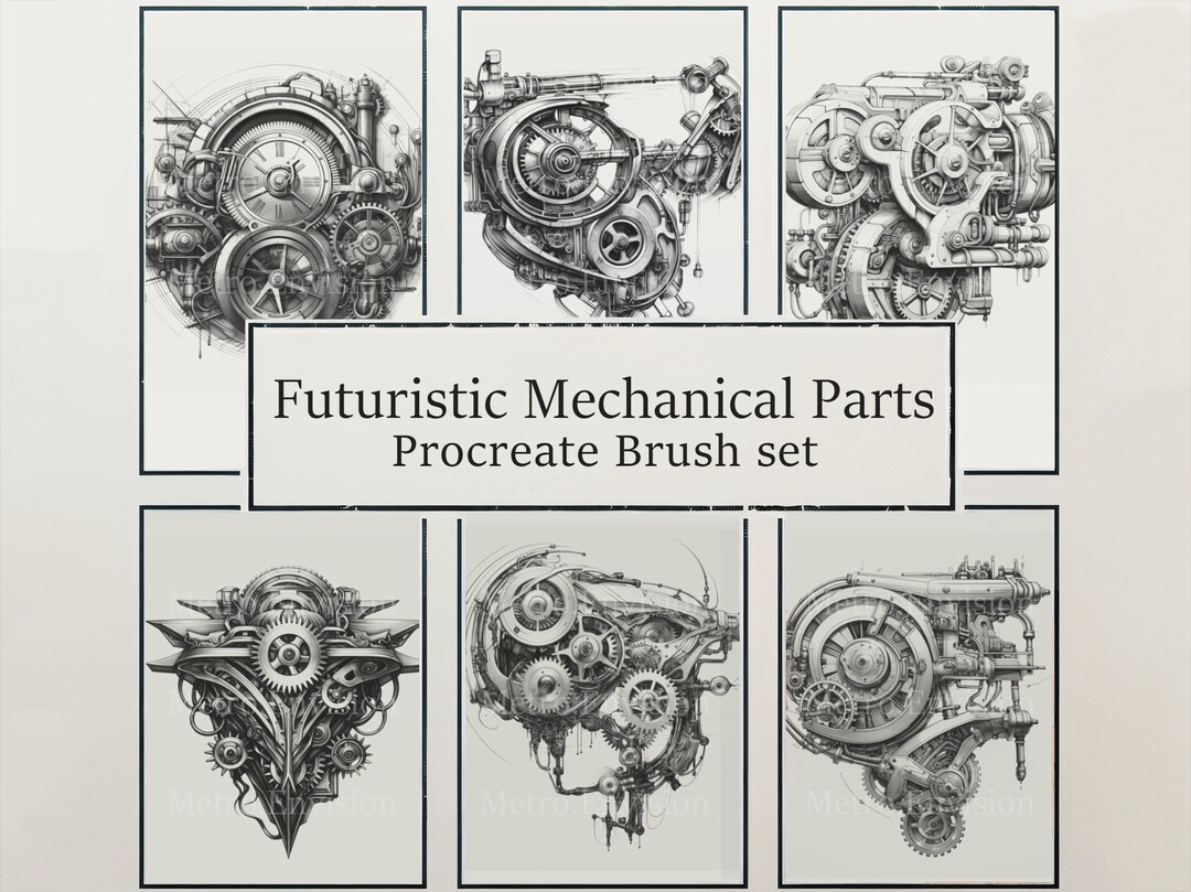 20 Futuristic Mechanical Parts Procreate Stamp Brushes | Realistic ...