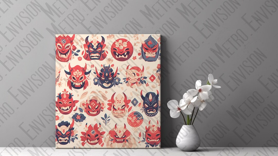 Cute Cartoon Oni Mask Digital Paper – Japanese Mythology Pattern ...