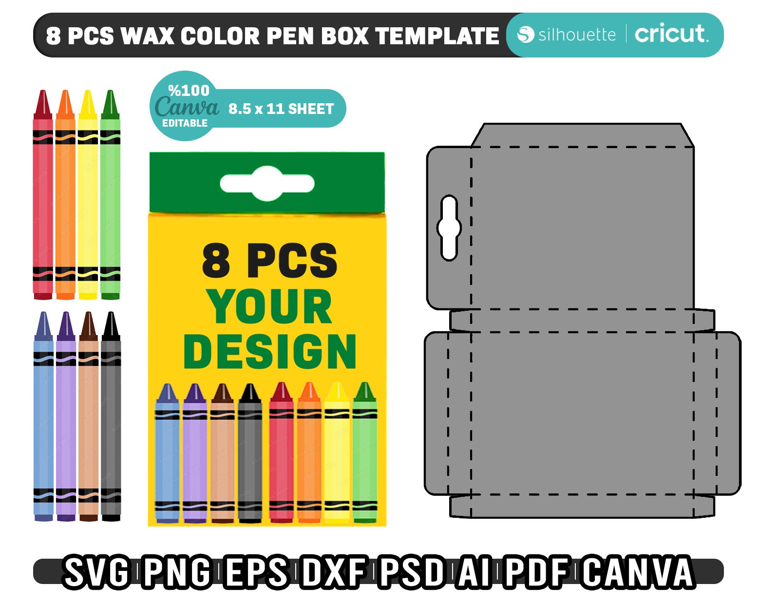 Wax Color Pen Gift Box Template Bundle, 32pcs Crayon Box Template Svg ...