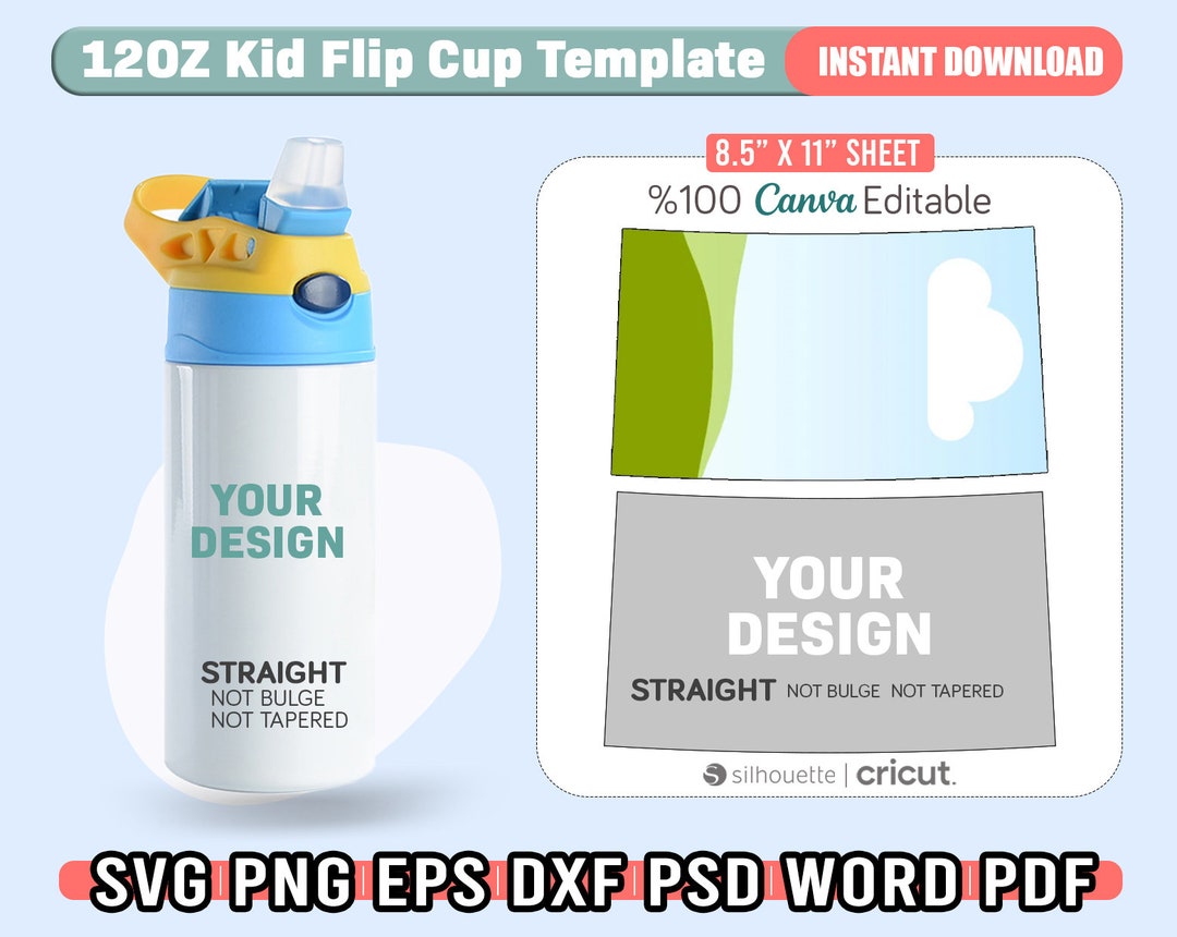 12 Oz Flip Top Kids Water Bottle Sublimation Template, Straight Flip ...