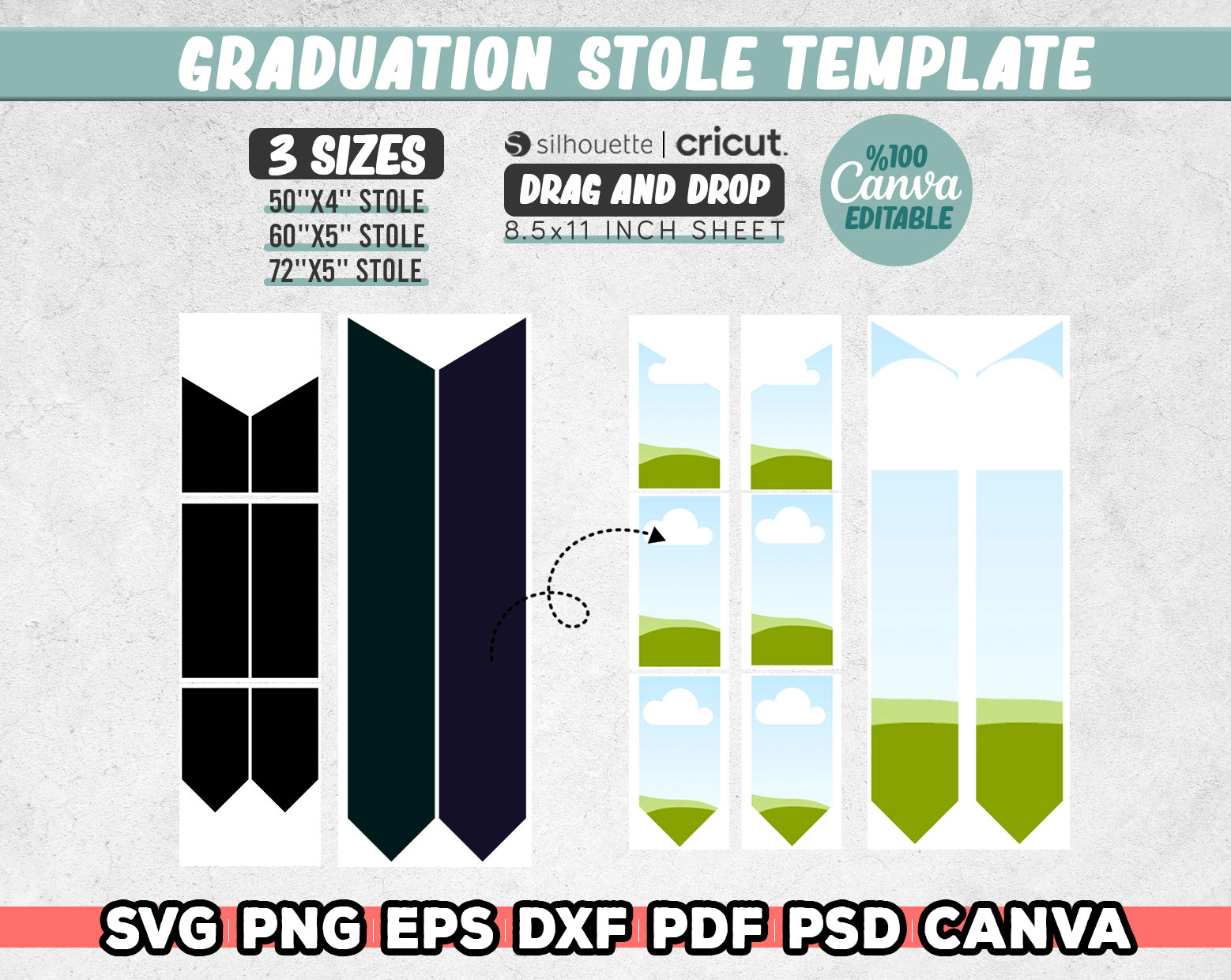 3 Sizes Graduation Stole Template, Stole Template, Canva Template ...