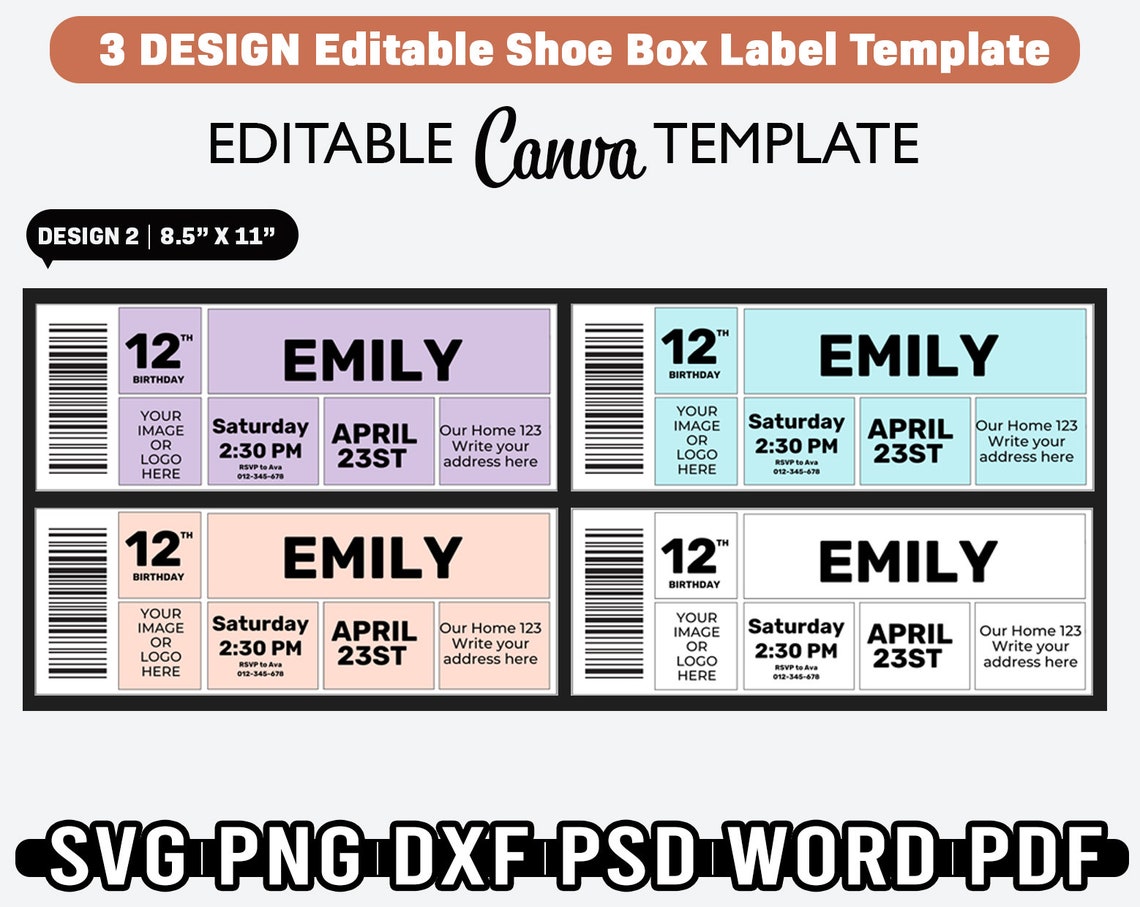 Shoe Box Label Template, Shoe Box Label Svg, Label Editable, Birthday ...