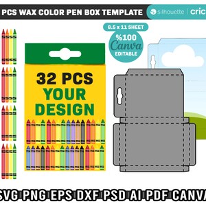 Wax Color Pen Gift Box Template Bundle, 32pcs Crayon Box Template Svg ...