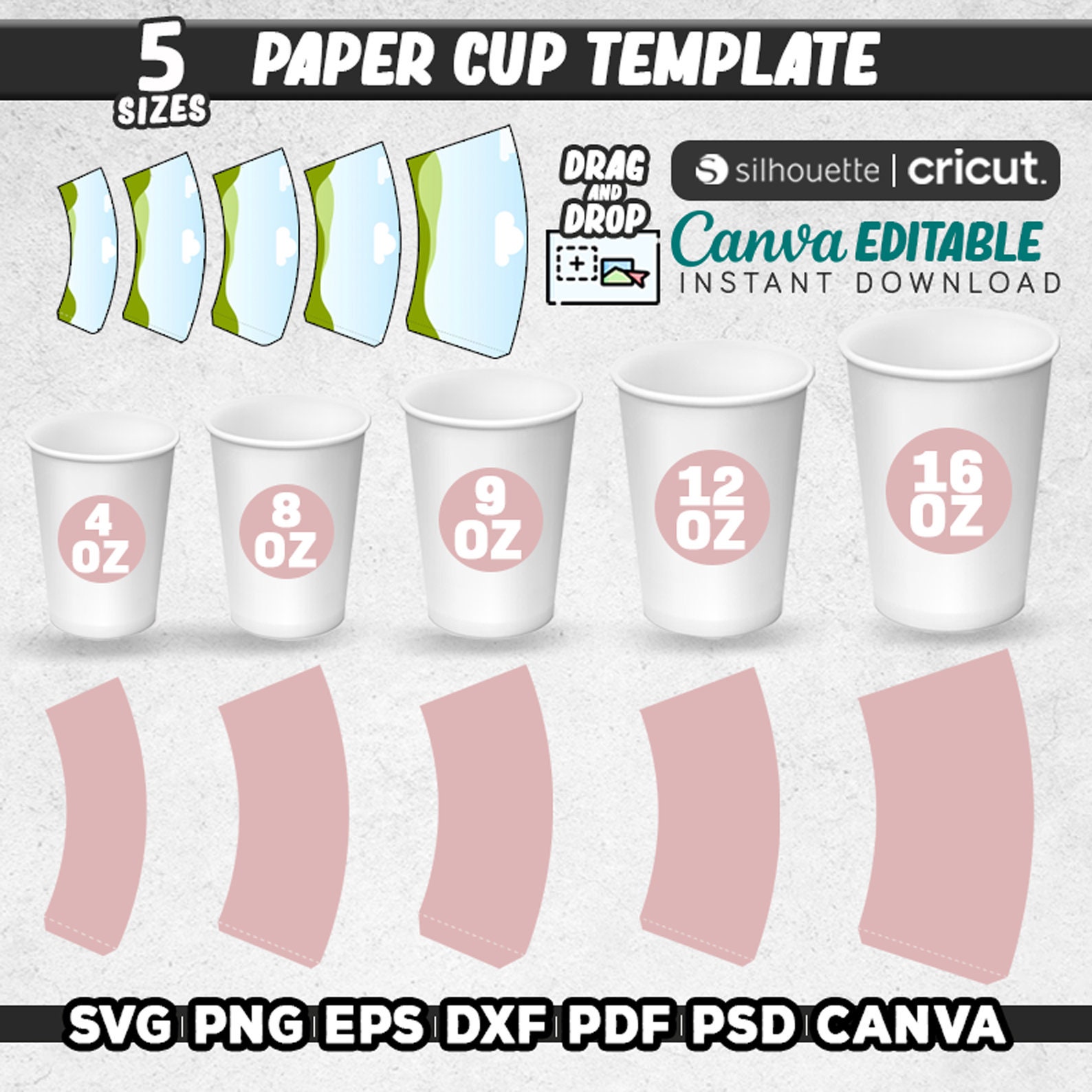 Paper Cup Wrapper Template Bundle, 5 Sizes Paper Cup Wrapper SVG, Paper ...