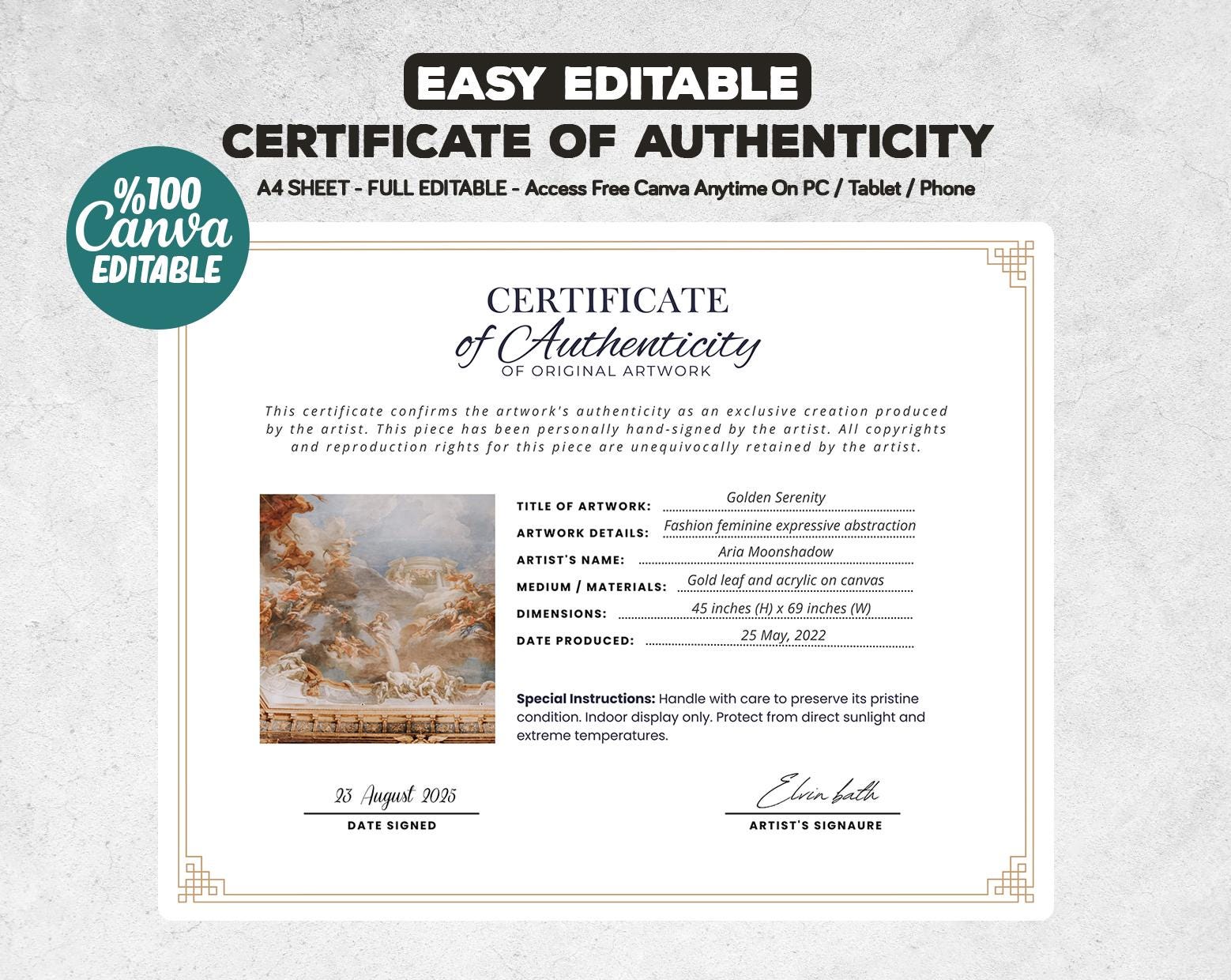 Easy Editable Certificate of Authenticity for Artwork Template ...