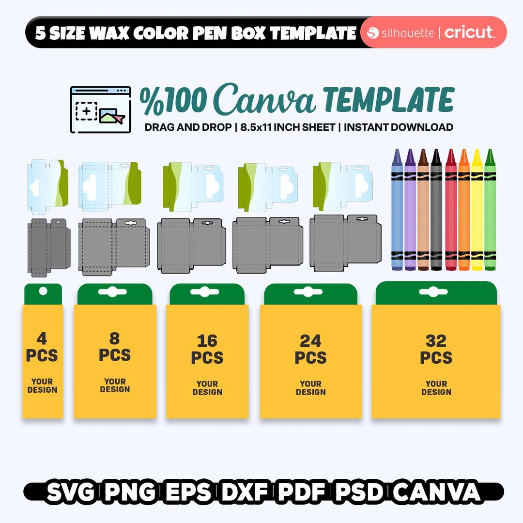 Wax Color Pen Gift Box Template Bundle, 32pcs Crayon Box Template Svg ...