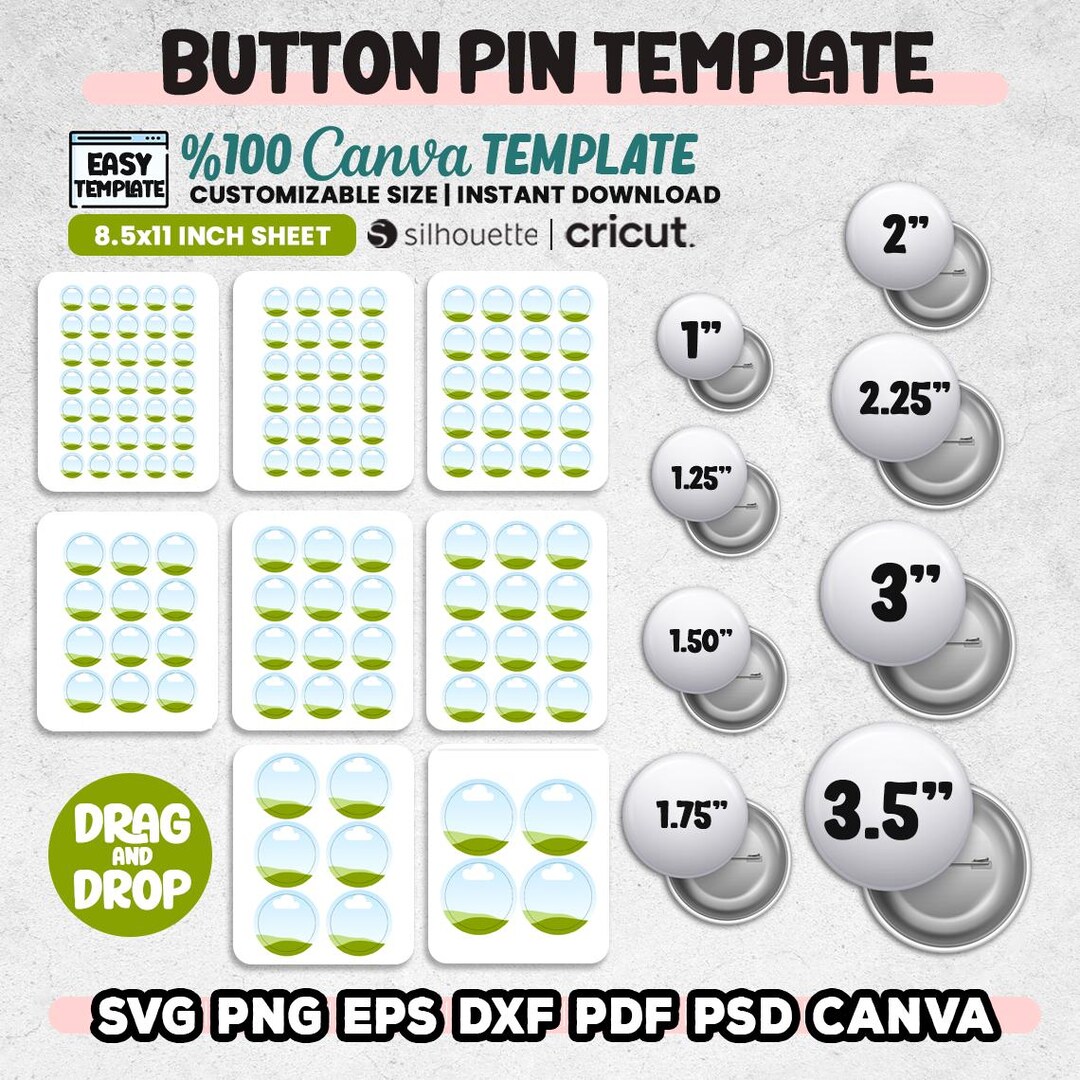 8 Button Pin Template Bundle Svg, Circle Button for Canva, Button Pin Blank, 1 - 2 - 3 Inch ...