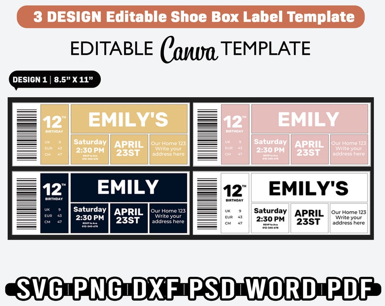 Shoe Box Label Template, Shoe Box Label Svg, Label Editable, Birthday ...