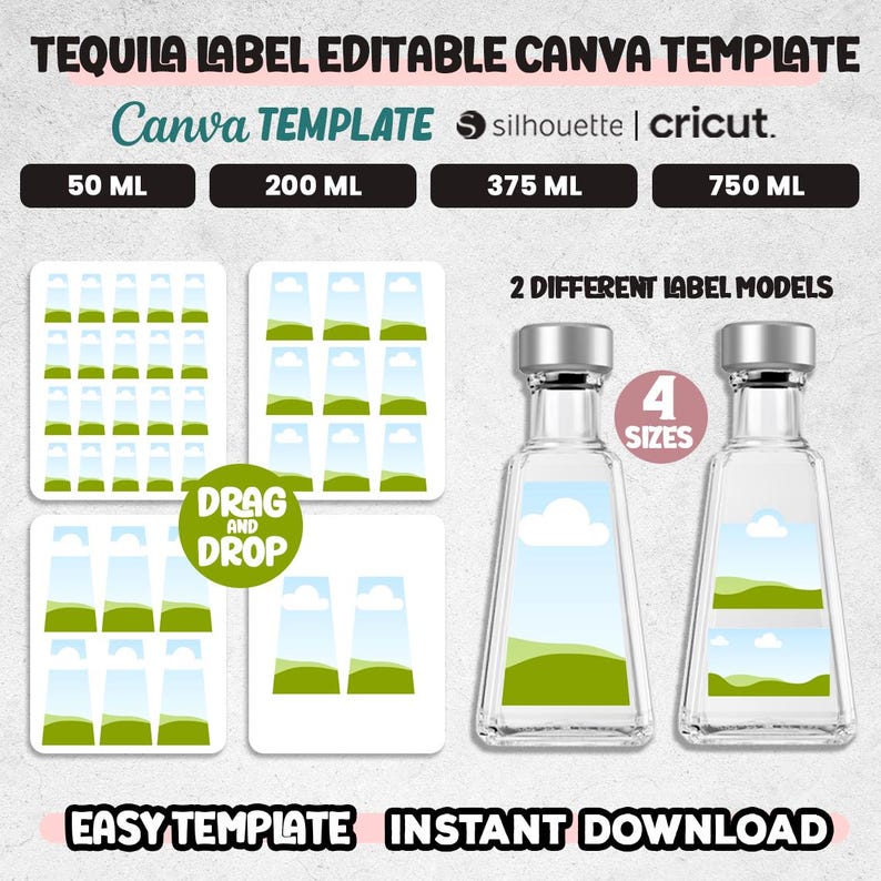 4 Sizes 1800 Tequila Label Editable Canva Template, Mini 50 ML - 200 ML ...