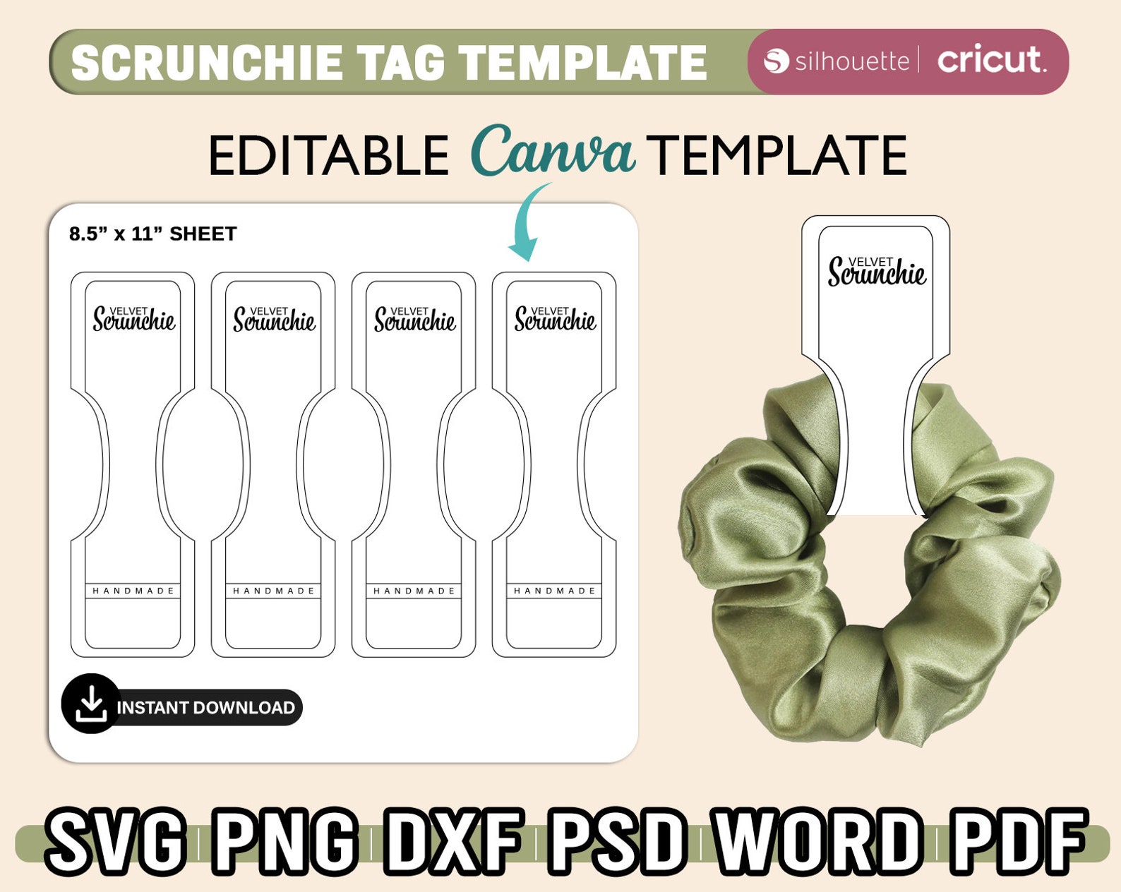 Scrunchie Tag Template, Editable Canva, Scrunchie Holder Template ...