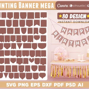 80 Bunting Banner SVG, Bunting Flags Svg, Birthday Flag Svg, Scallop ...