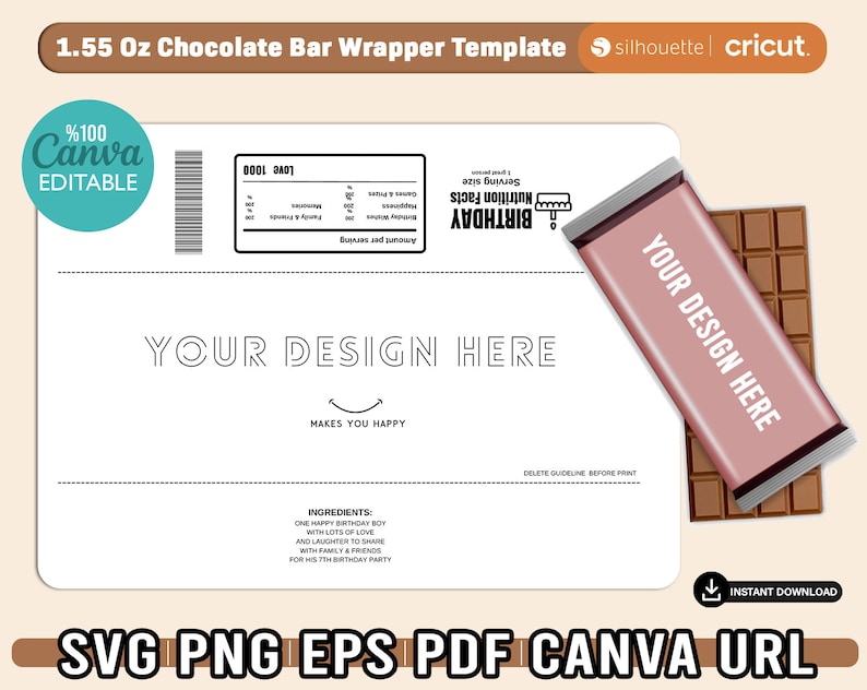 Chocolate Wrapper Template, Chocolate Bar Wrapper %100 Editable ...