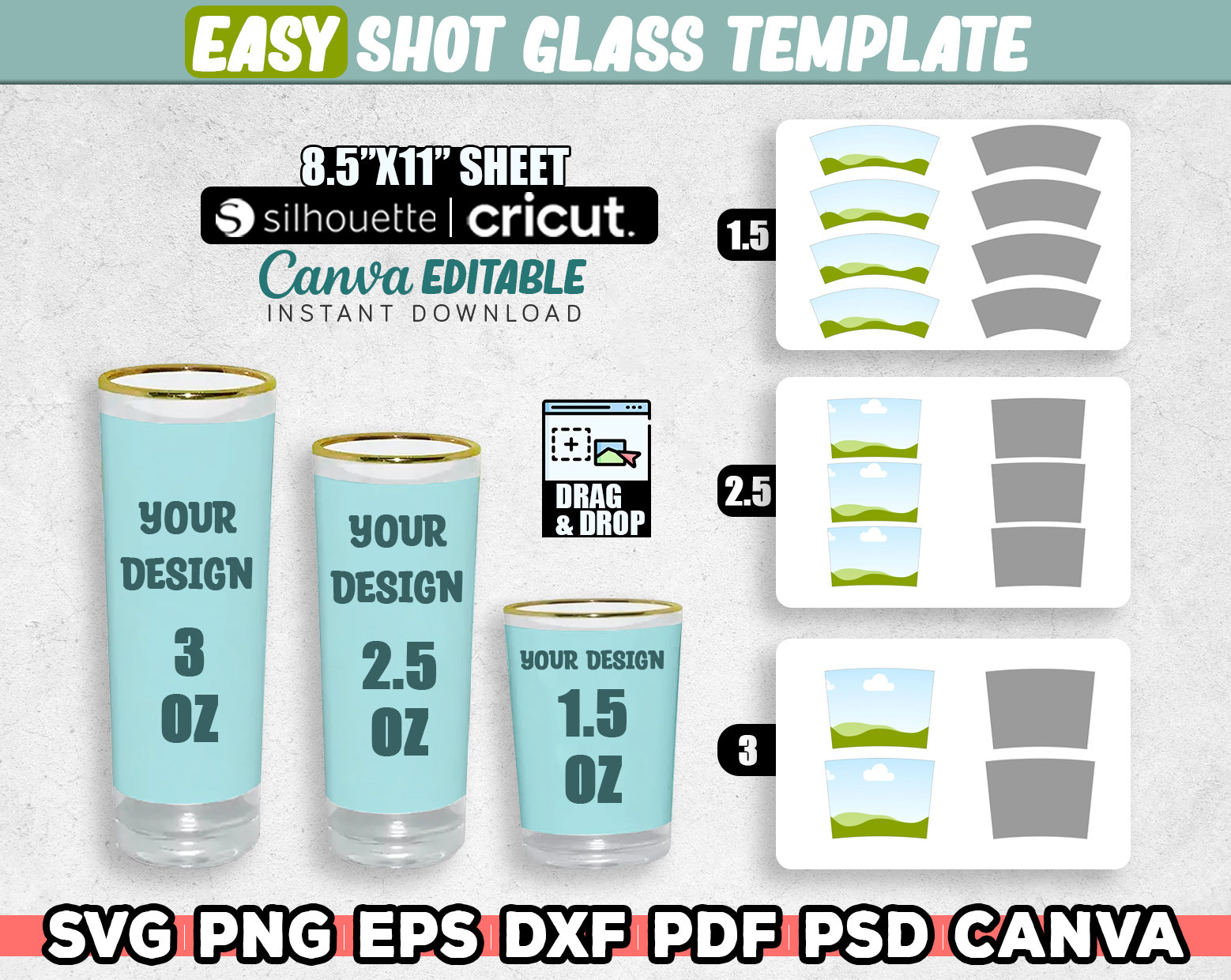Shot Glass Template, 3oz, 2.5oz, 1.5oz Shot Glass Wrapper, Shot Glass ...