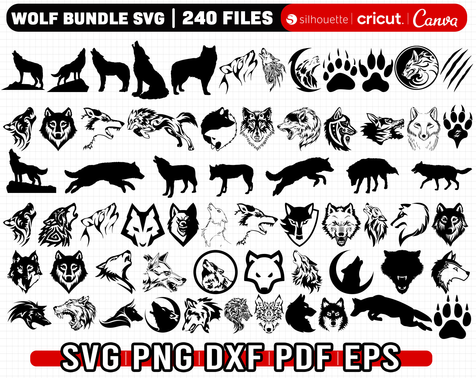 Lot de loup SVG, loups svg pour cricut, loup PNG, hurlant loup Svg ...