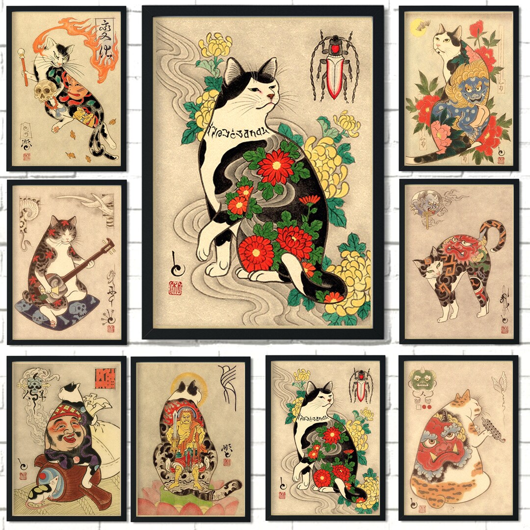 Japanese Samurai Cat Poster Tattoo Cat Vintage Poster Painting Wall Art ...
