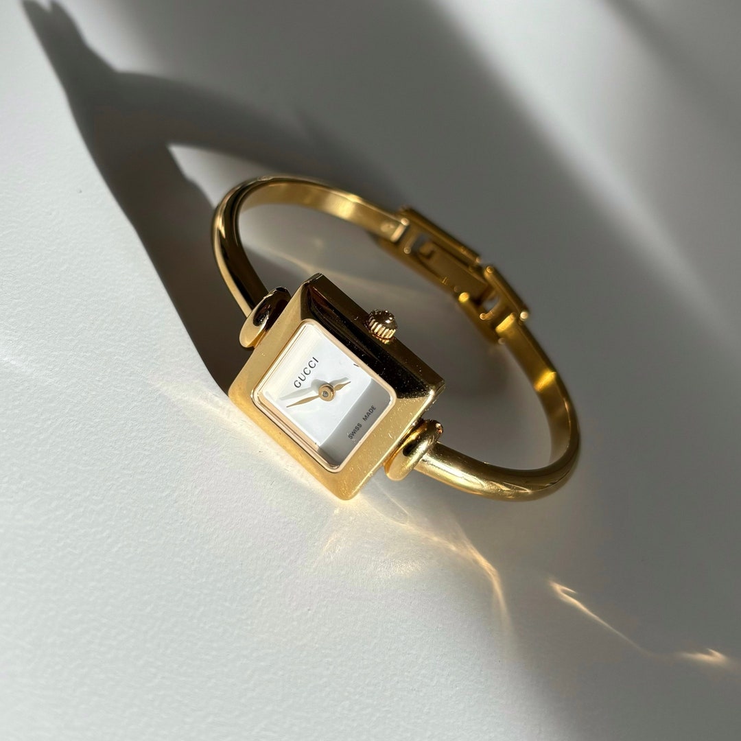 Gucci 90s Gold Plated Sapphire Crystal Square Bangle Watch - Etsy