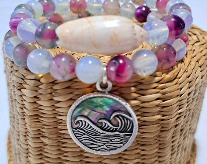 Real Seashell Olive Shell White Opal Agate Gemstone Beaded Memory Wire ...