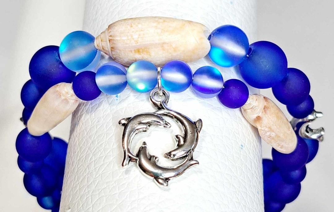 Real Seashell Olive Shell Beachy Ocean Blue Memory Wire Dolphin Charm Bracelet, Seashell Gift ...