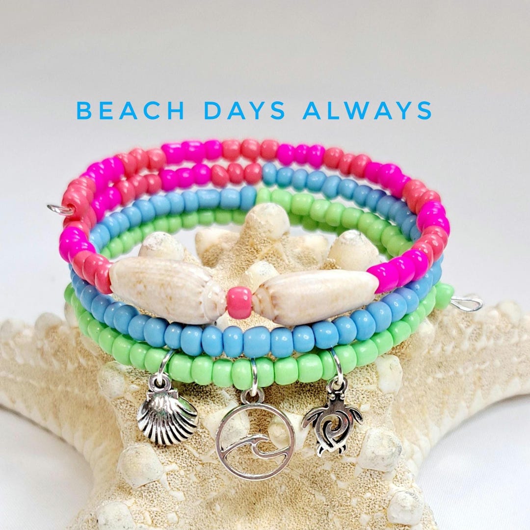 Beachy Wrap Bracelet Real Olive Seashell Neon Beads Memory Wire Beachy ...
