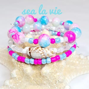 Beachy Wrap Bracelet Real Olive Seashell White Blue Pink Beads Memory ...