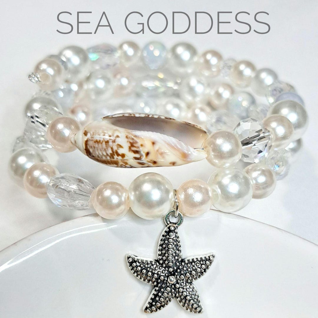 Beaded Beachy Wrap Bangle Bracelet Olive Real Seashell Pearl Beads ...