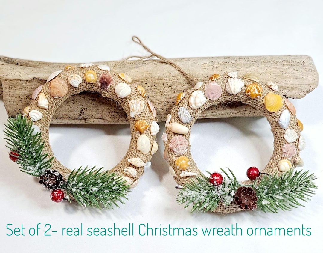 Seashell Christmas Wreath Ornaments (set of 2): Coastal Beach Decor ...