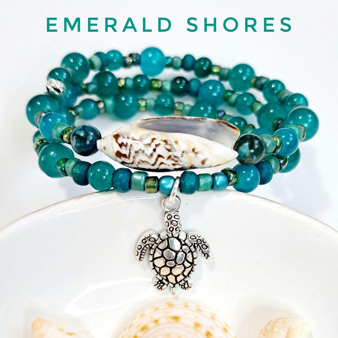 Beaded Beachy Wrap Bangle Bracelet Olive Real Seashell Emerald Green ...