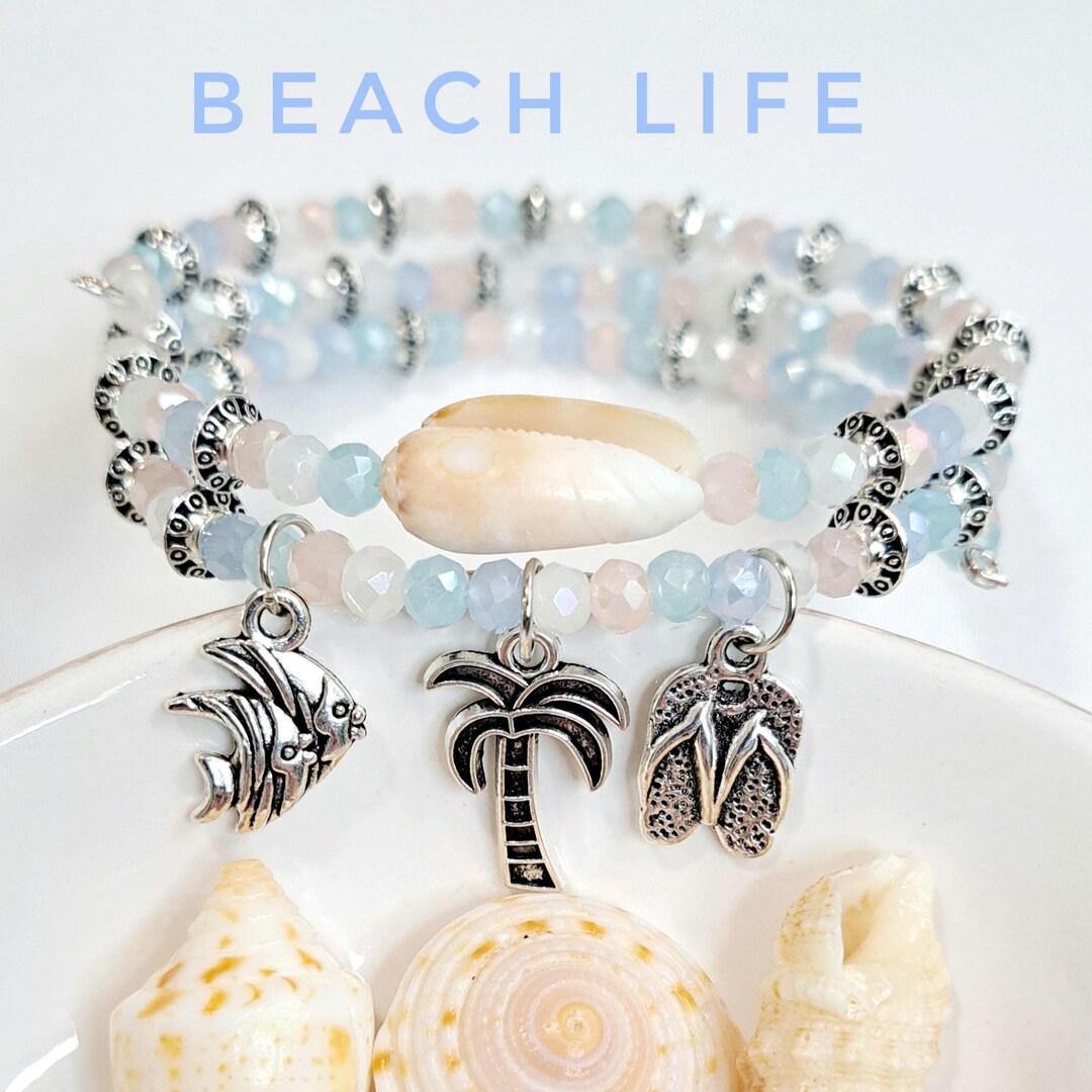 Beach Seashell Palm Tree Fish Flip Flop Charm Wrap Bracelet Pastel ...