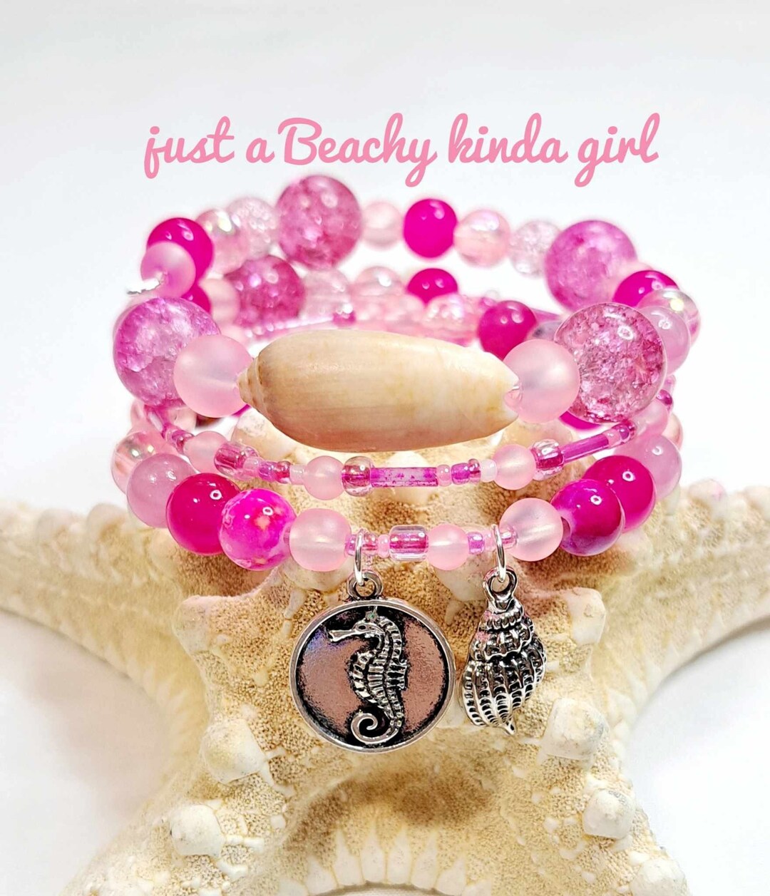 Real Seashell Olive Shell Magenta Beaded Charm Memory Wire Wrap Beachy ...