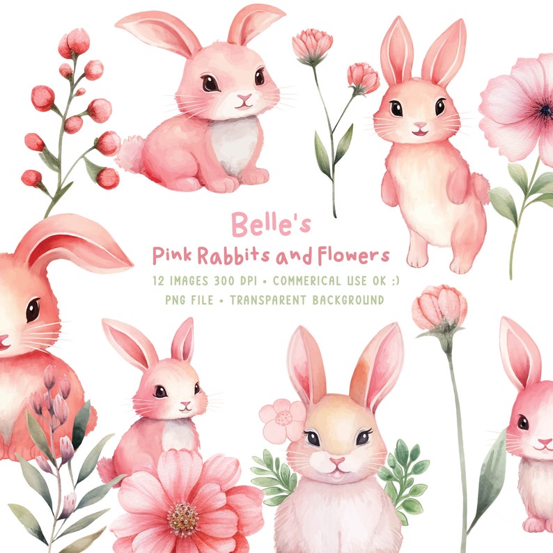 Pink Rabbit - Flower Watercolor - Clipart Set - Illustrations - Cute ...