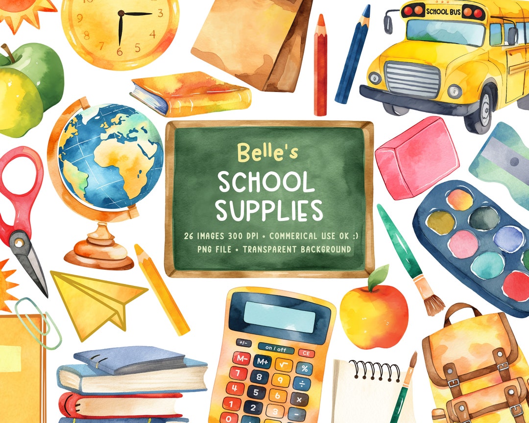School Supplies - Clipart Set - Watercolor Illustrations - PNG ...
