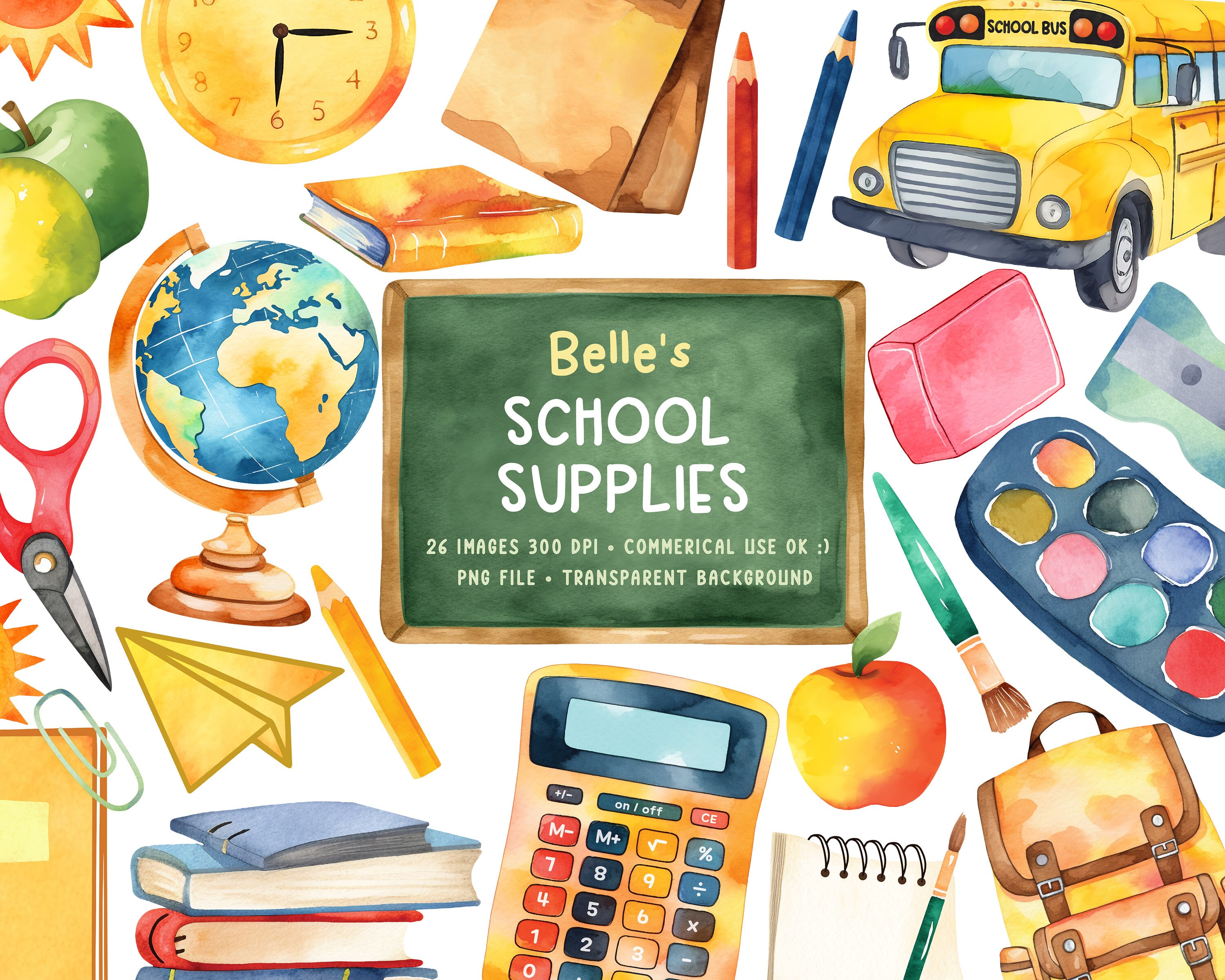 School Supplies Clipart Set Watercolor Illustrations PNG Ultimate ...