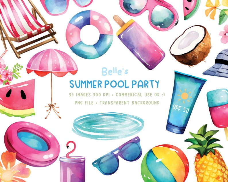 Ultimate Summer Pool Party - Watercolor Illustrations - PNG - Clipart ...