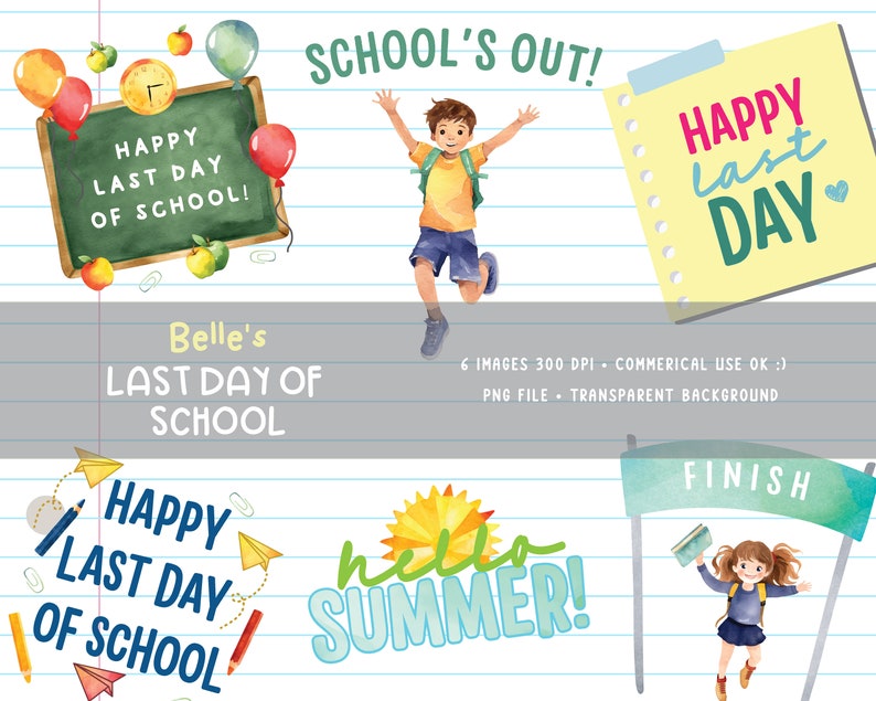 Last Day of School - Clipart Set - Watercolor Illustrations - PNG ...