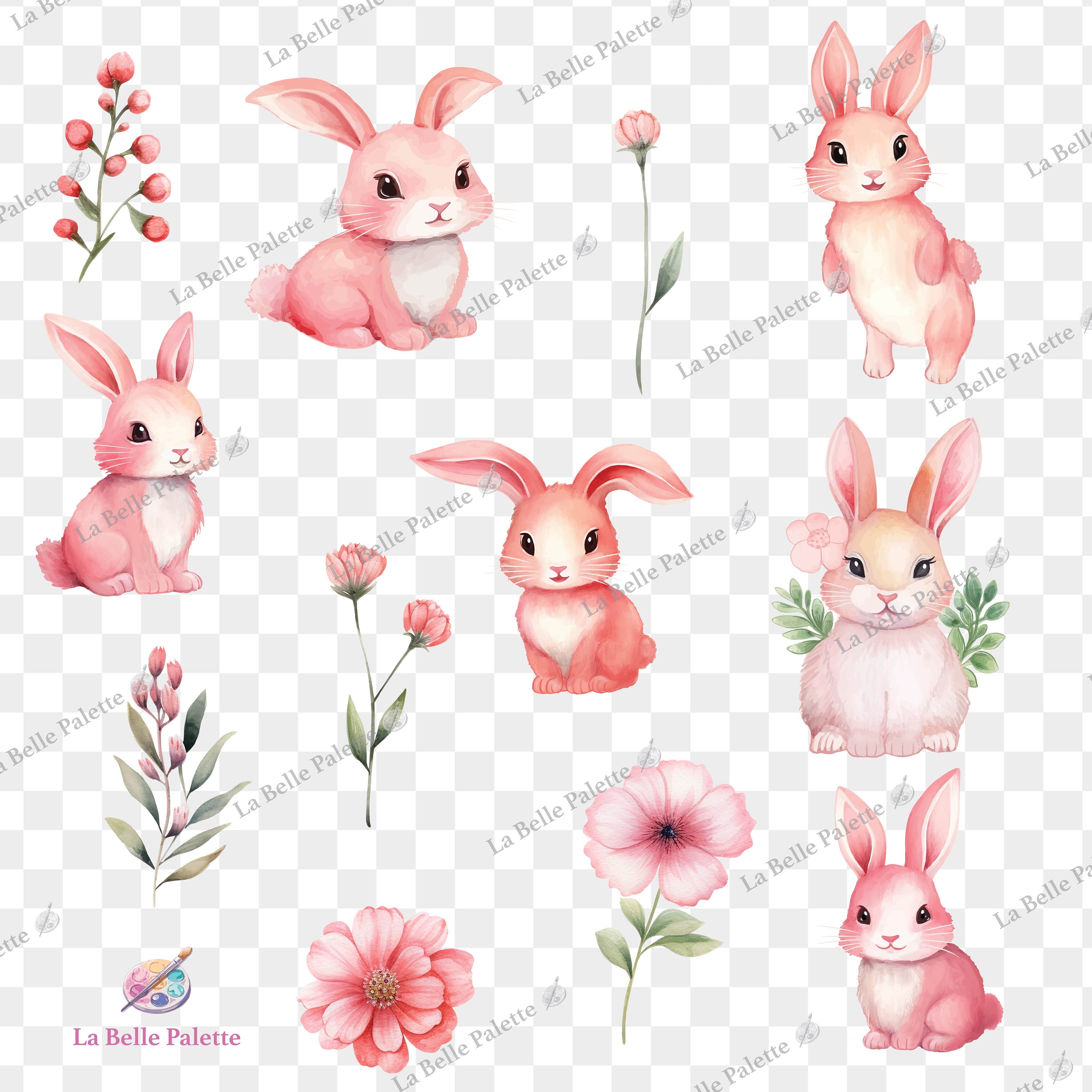 Pink Rabbit - Flower Watercolor - Clipart Set - Illustrations - Cute ...