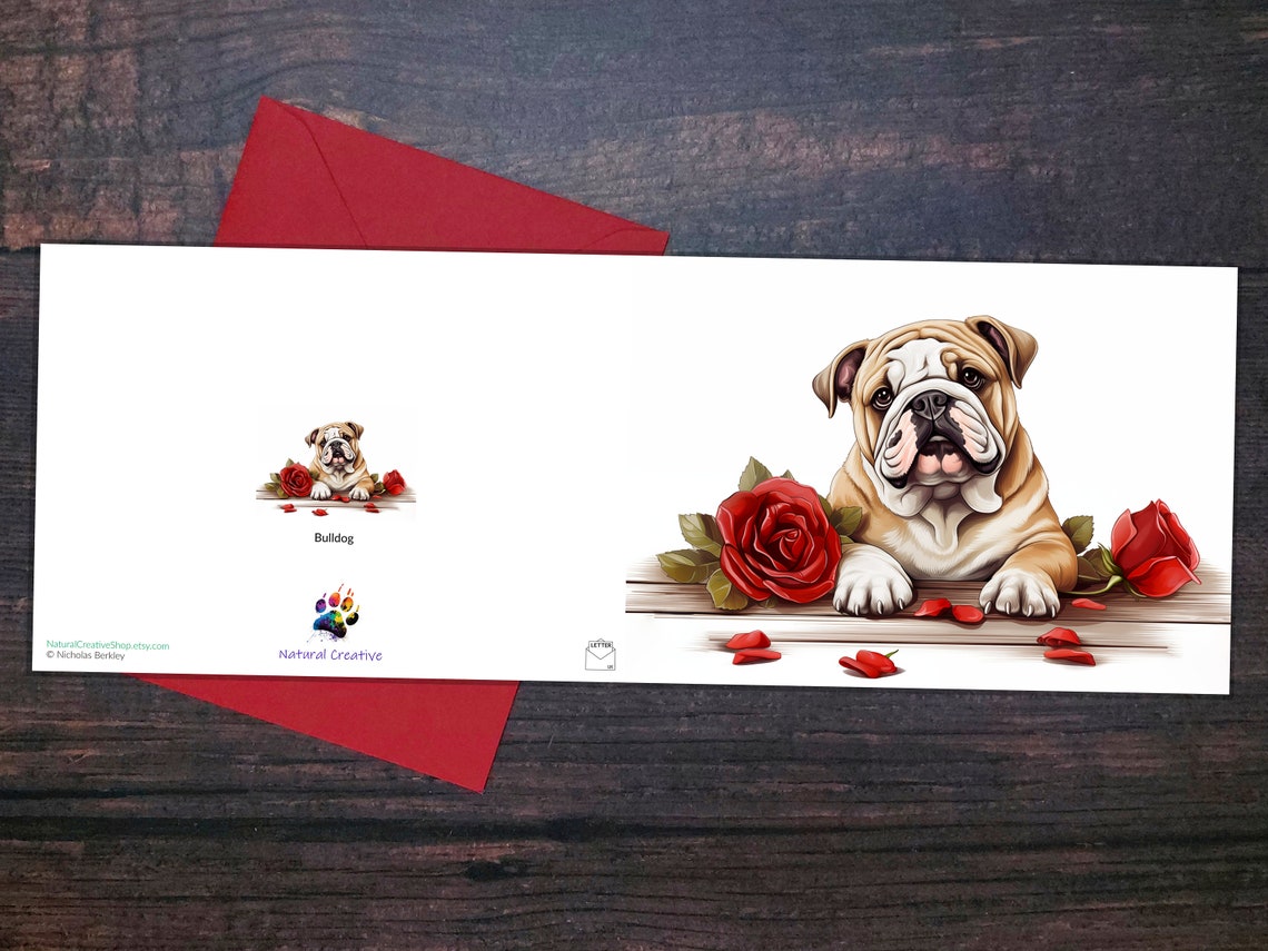 BULLDOG GREETING CARD, Cute British Bulldog With Roses, Romantic ...