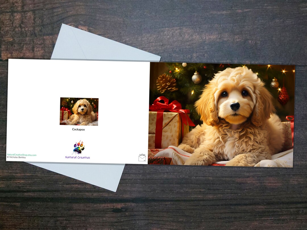 COCKAPOO CHRISTMAS CARD, Cute Cockapoo With Xmas Gifts and Tree, Blank ...