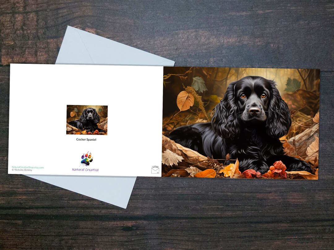 WORKING COCKER SPANIEL Card, Cute Black Cocker Spaniel, Dog in Woodland ...