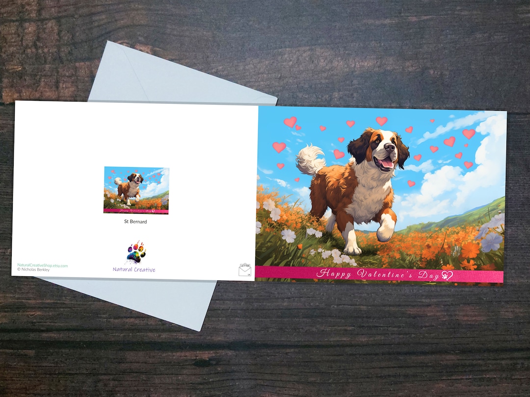 CUTE ST BERNARD Valentine Card, St Bernard and Hearts, Valentine's Day ...