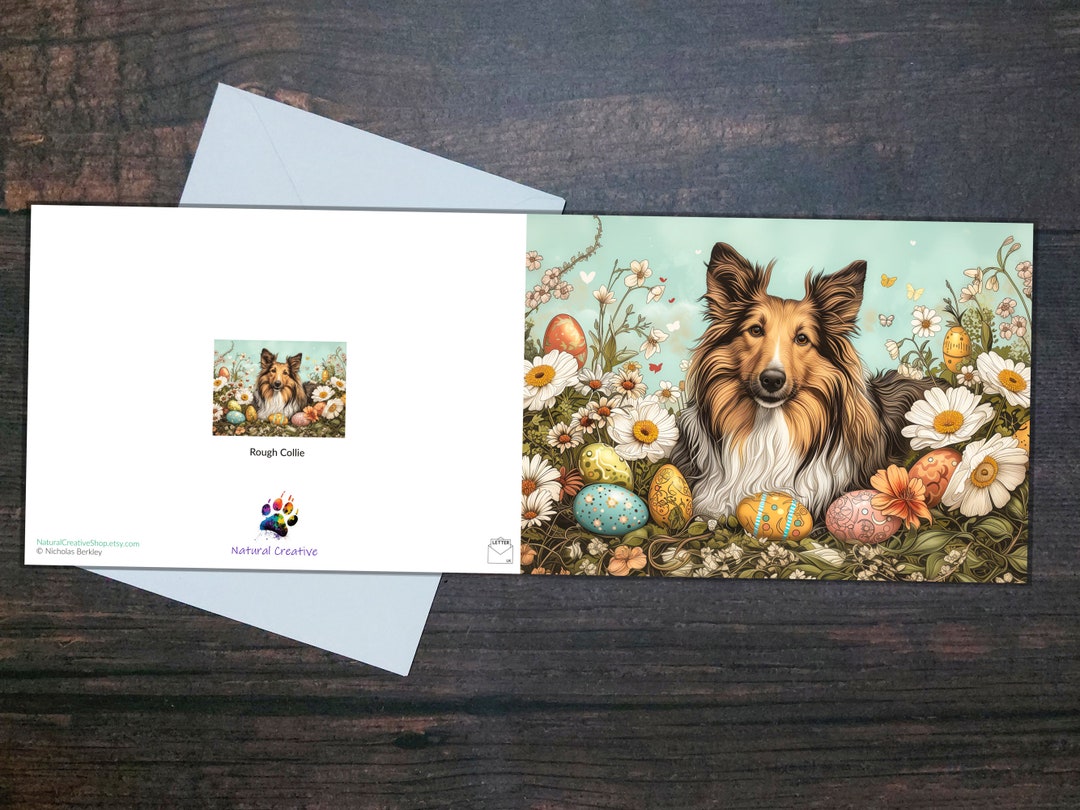 ROUGH COLLIE EASTER Card, Happy Dog Lying Amongst Easter Eggs, Blank ...