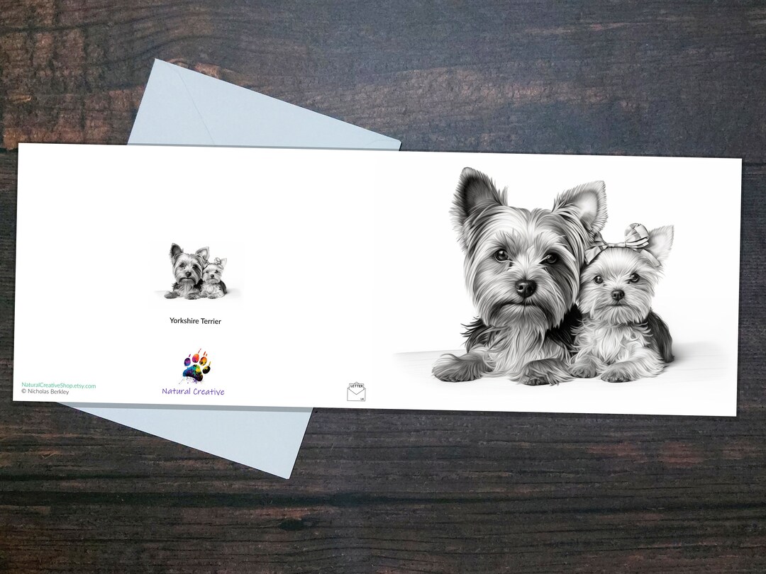 CUTE YORKIE CARD, Mother and Puppy Yorkshire Terrier Dogs, Glossy Blank ...