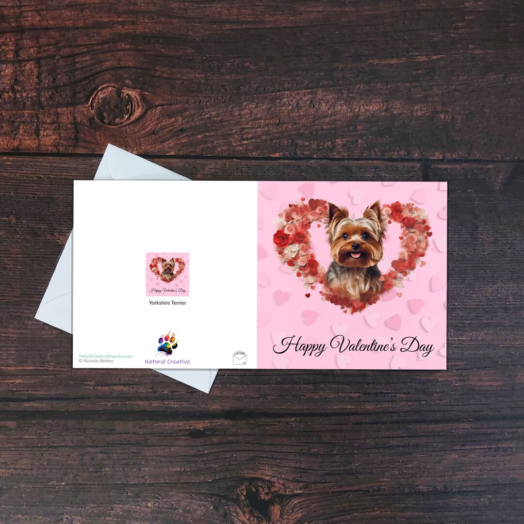 CUTE YORKIE VALENTINE Card, Yorkshire Terrier and Red Roses, Valentine ...
