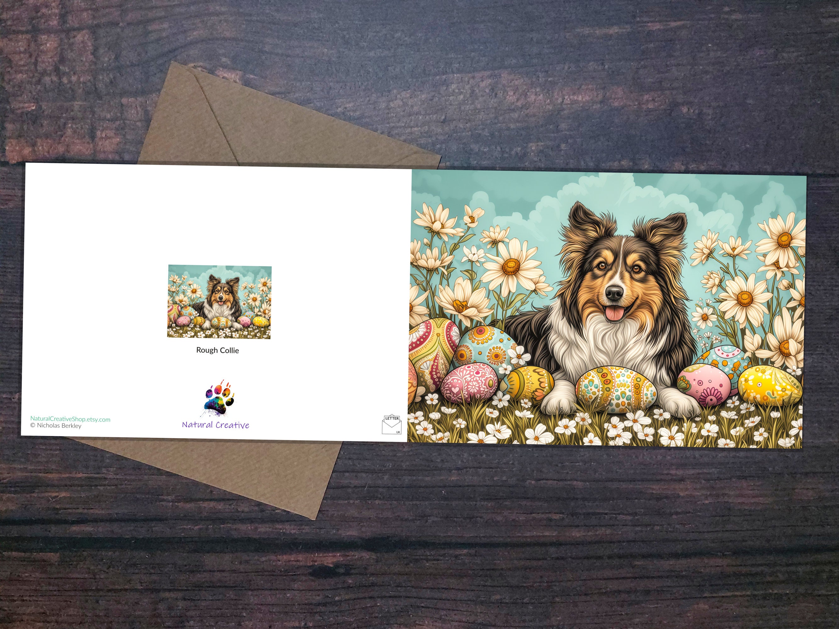 ROUGH COLLIE EASTER Card, Happy Dog Lying Amongst Easter Eggs, Blank ...