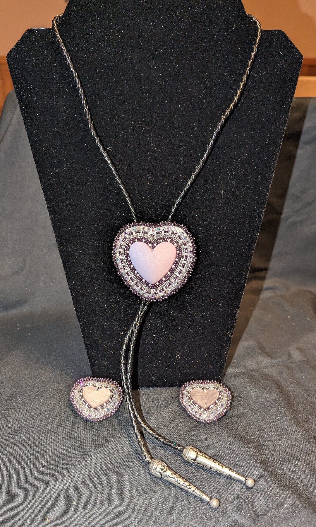 Beaded Heart Bolo and Earrings Set - Etsy